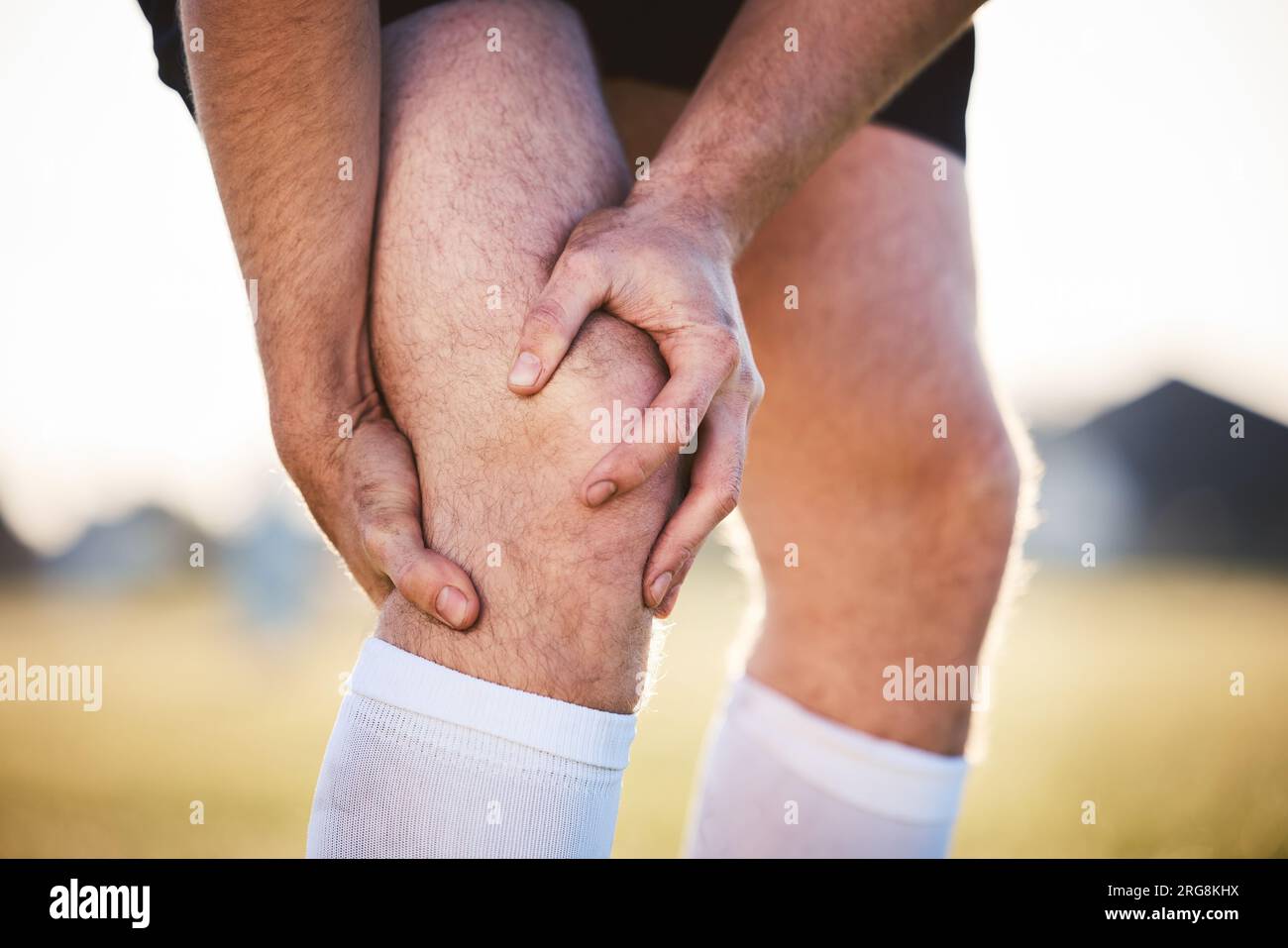 Knee pain, man with injury and fitness accident, athlete outdoor with ...