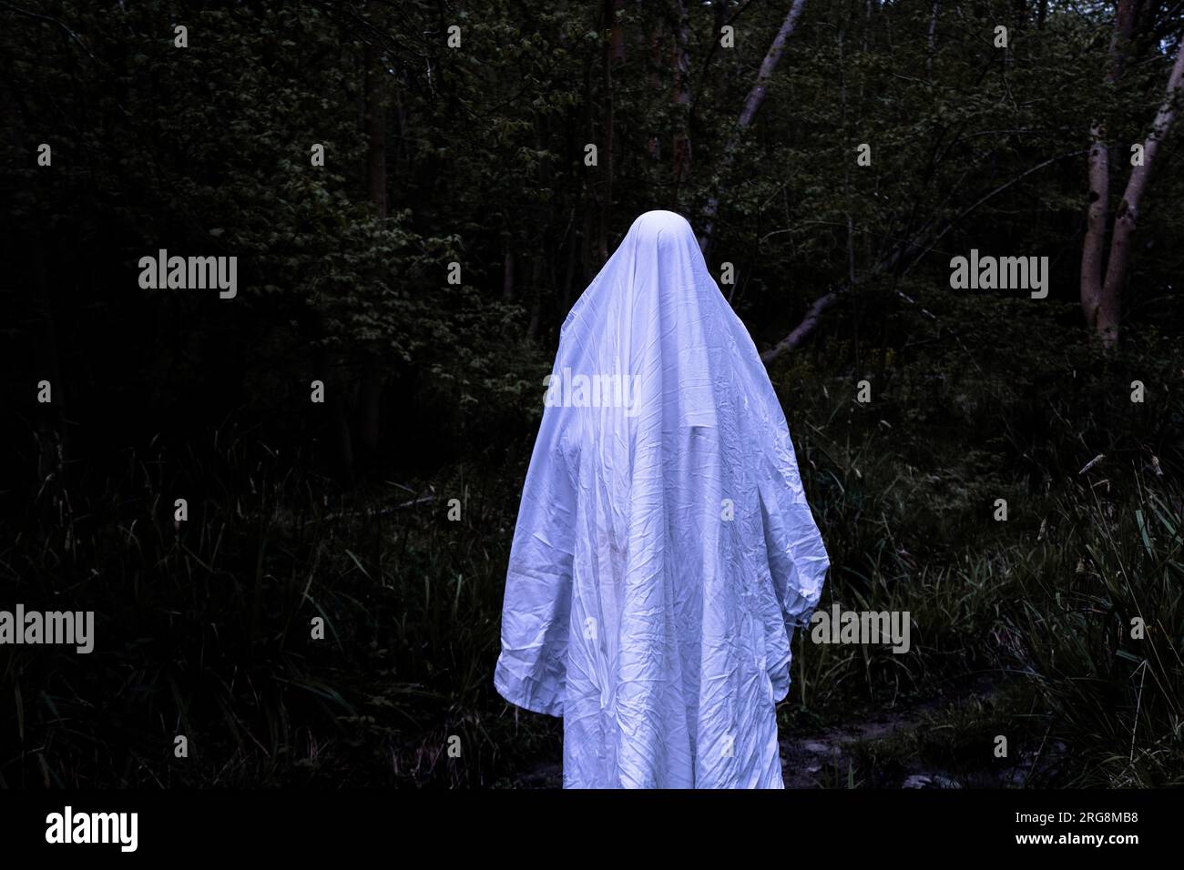 a spook ghost, covered in a white sheet. Standing in a scary dark ...