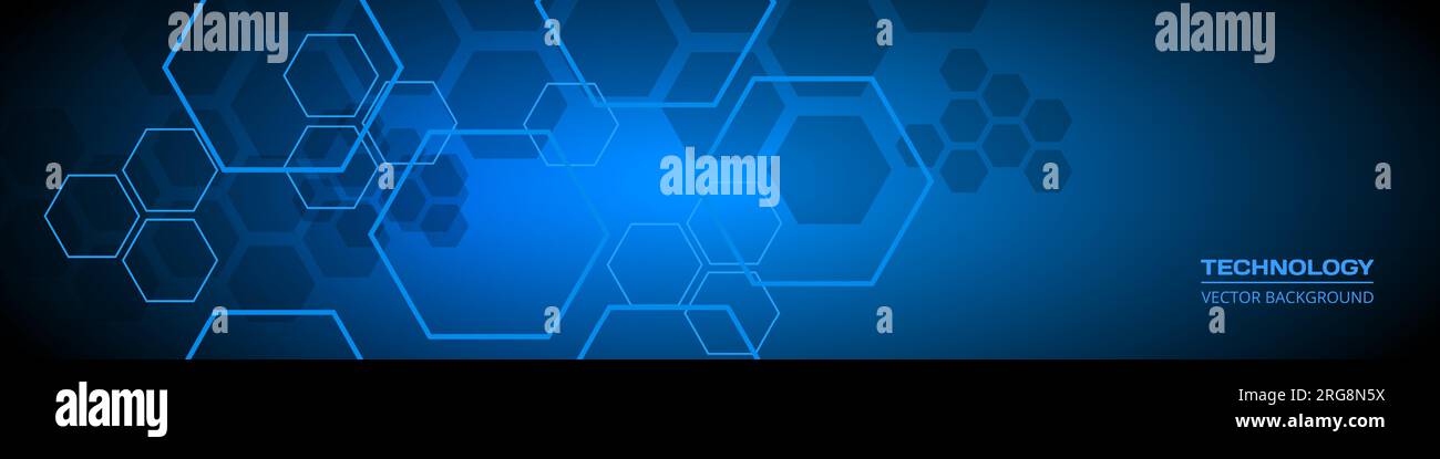 Dark blue technology abstract wide background with hexagonal elements. Abstract hexagon medical ...