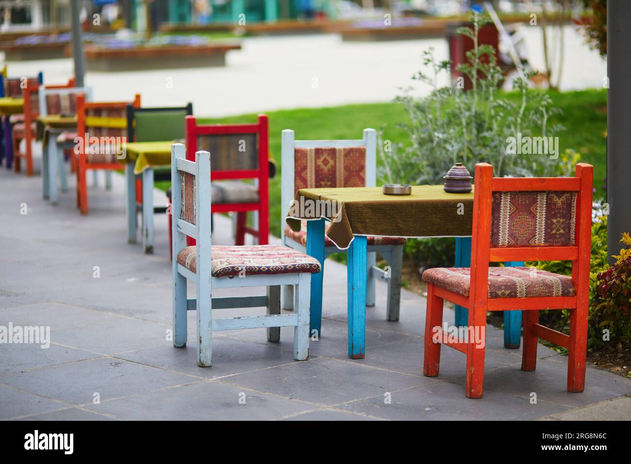 Table of typical Turkish cafe with low table and small chairs in ...