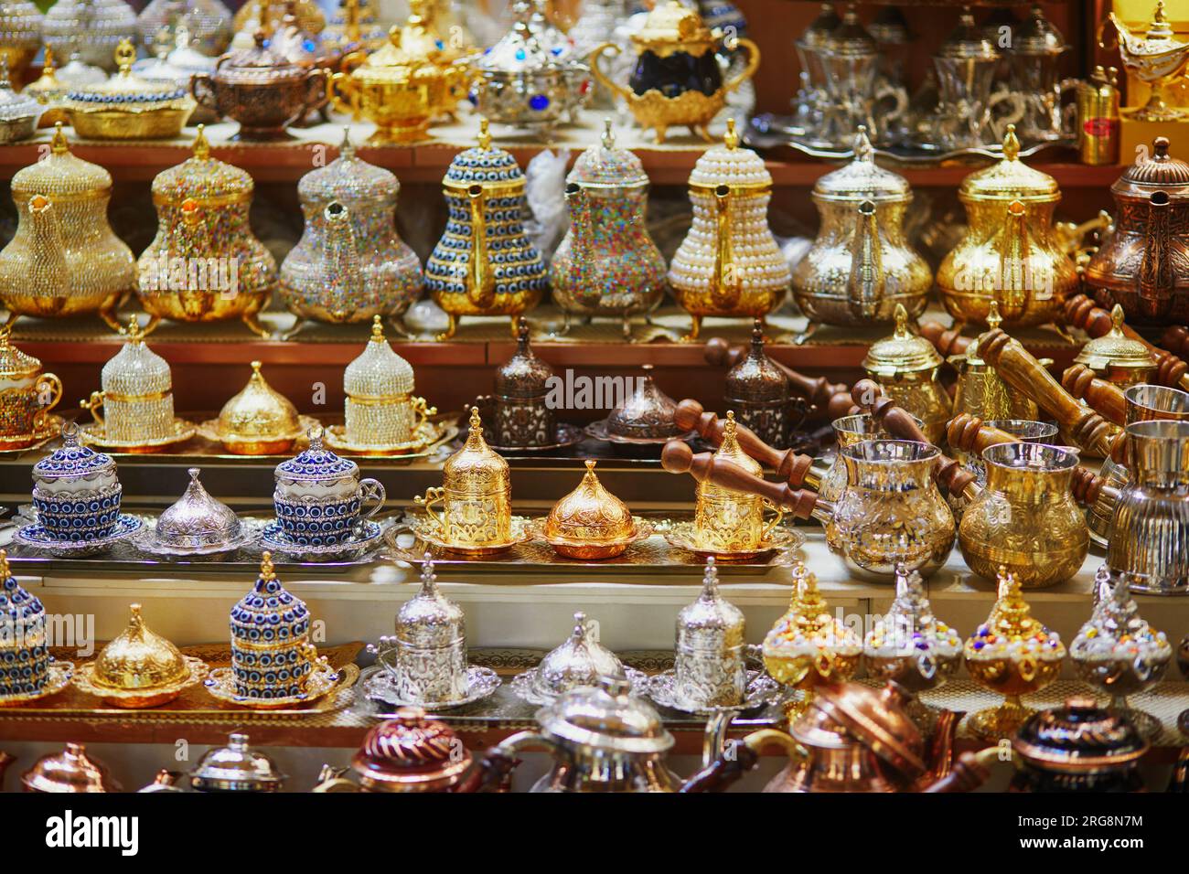 Beautiful tea and coffee sets on Egyptian Bazaar or Spice Bazaar, one ...