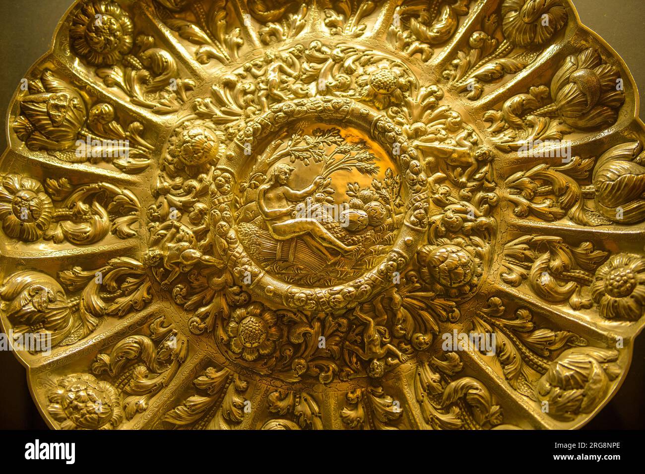 Porto, Portugal, Clerigos Church. Gold colored metallic tray with ...