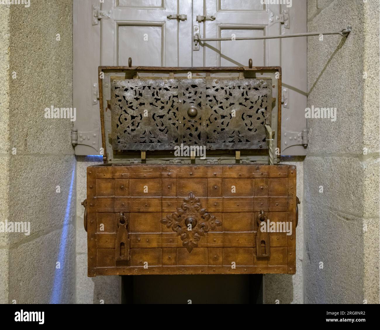 Porto, Portugal, Clerigos Church. Medieval box or container by a window ...
