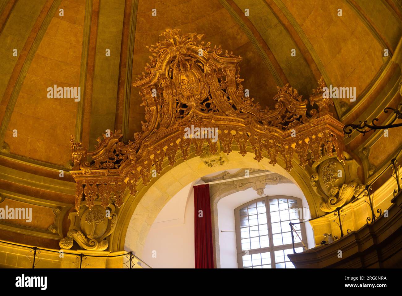 Porto, Portugal, Clerigos Church. Arched door leading to a glass window ...