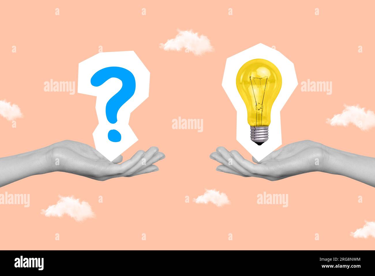 Poster banner collage magazine of two human arms hold lamb question mark choice dilemma solution ...