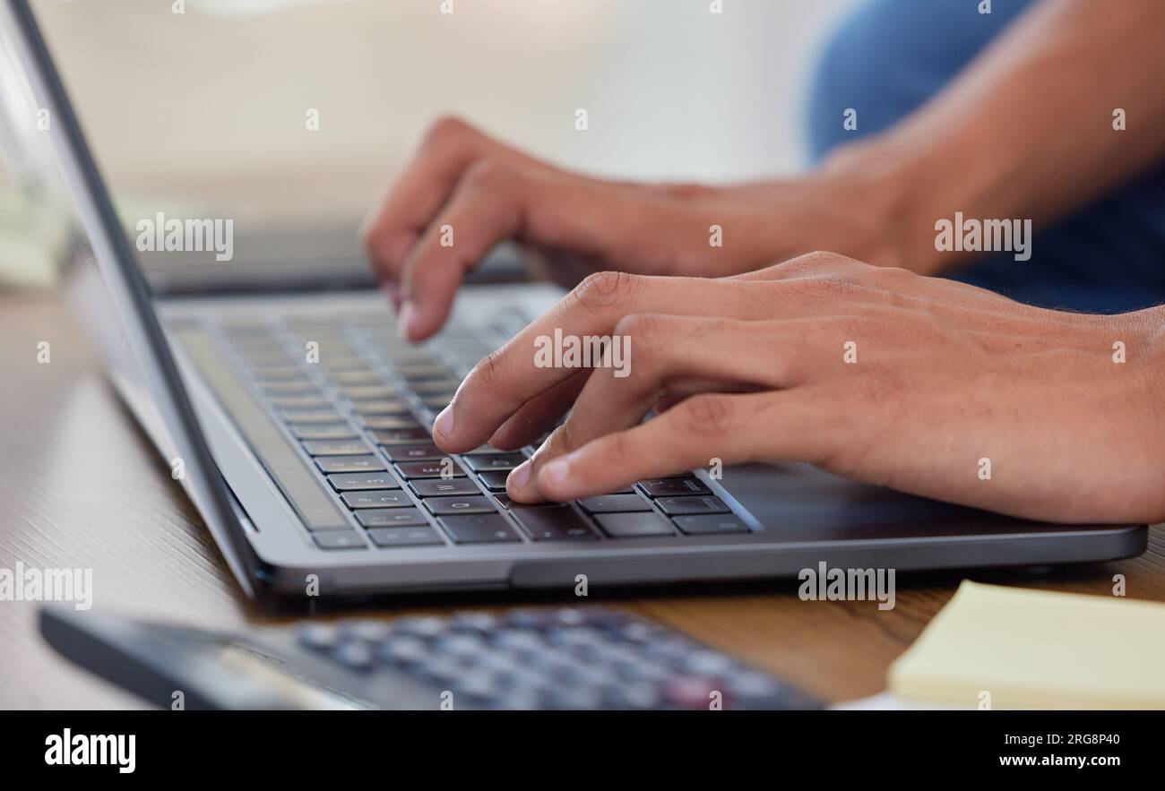 Hands, laptop keyboard and typing with finance, budget and person ...