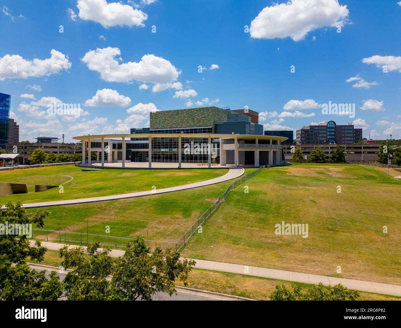 Austin, TX, USA - July 24, 2023: Aerial photo The Long Center for the ...