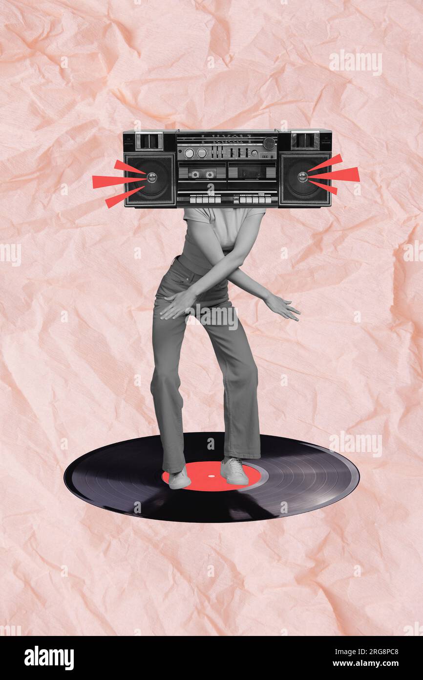 Photo collage picture design of funny young lady boogie woogie dance hip hop headless boombox ...