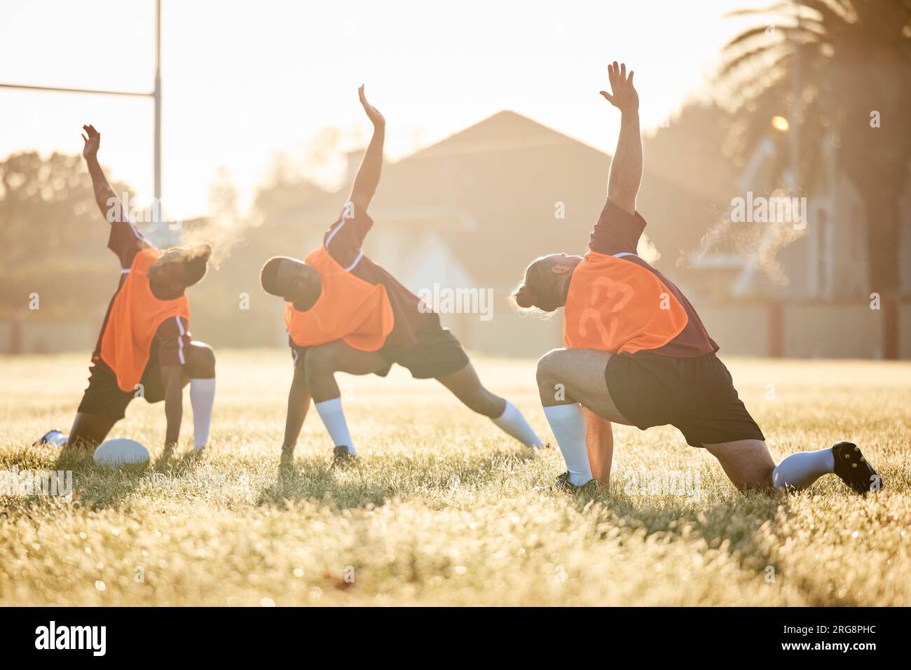 Rugby, club and team stretching at training for match or competition in ...