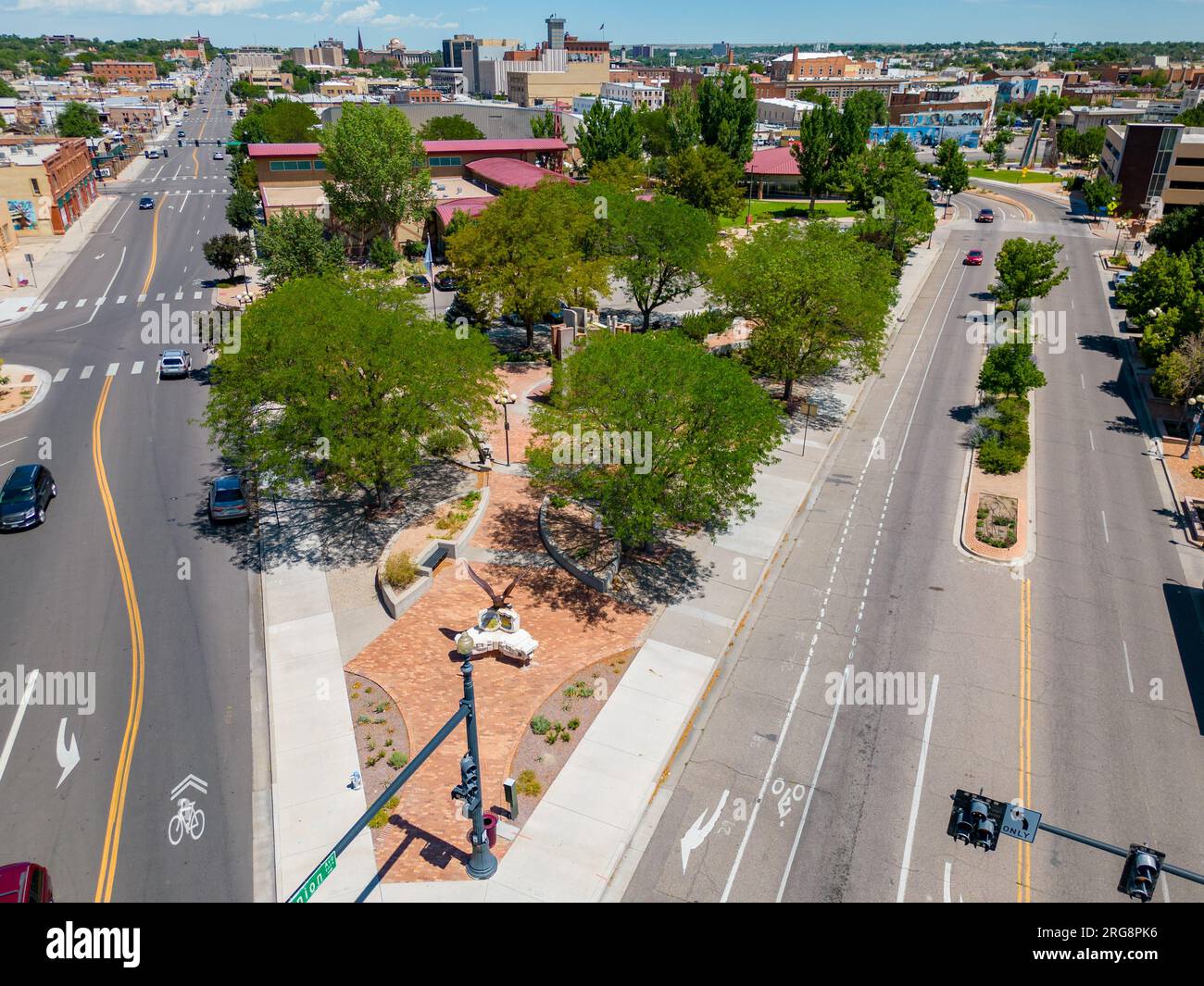 Pueblo, CO, USA - July 26, 2023: Aerial drone photo Sister Cities Plaza ...