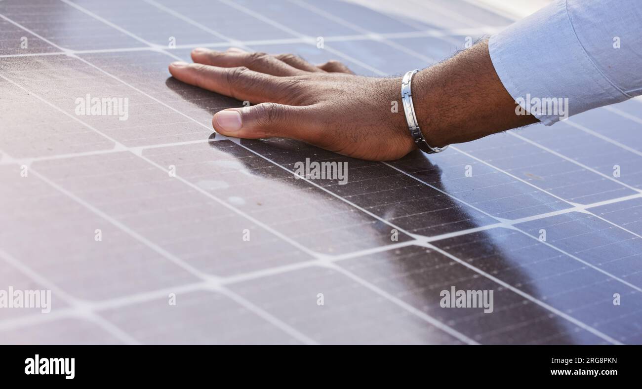 Hand, solar panels and inspection with eco friendly power, electricity ...