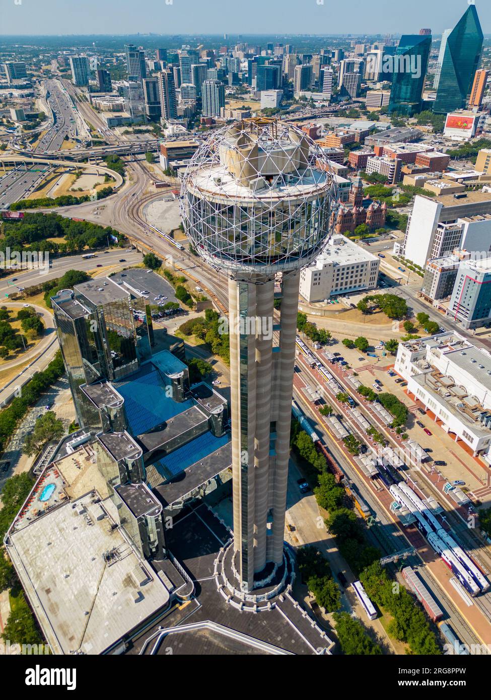 Dallas, TX, USA - July 28, 2023: Aerial photo Reunion Tower observation ...