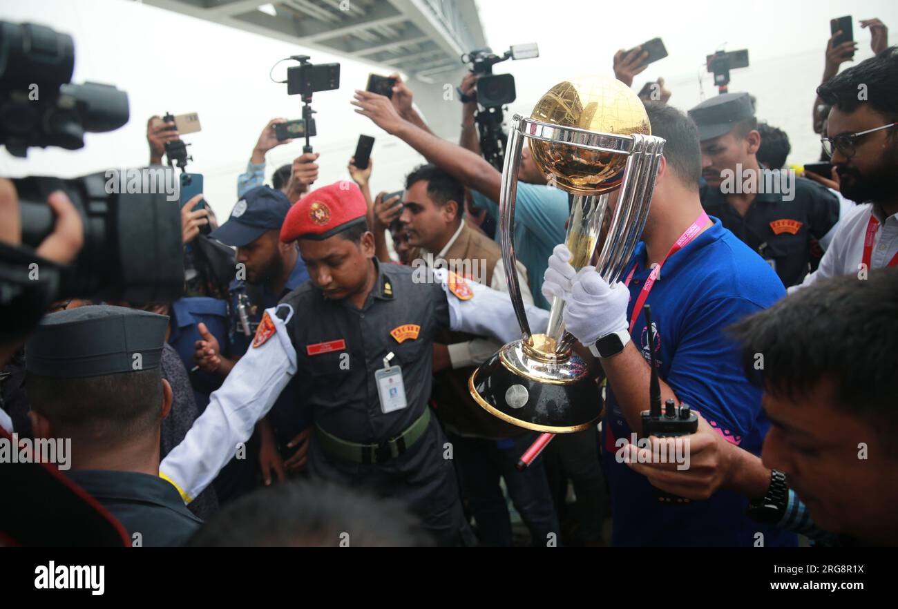 The ICC Cricket World Cup 2023 trophy on display at the Padma Bridge Munshiganj, Mawa ...