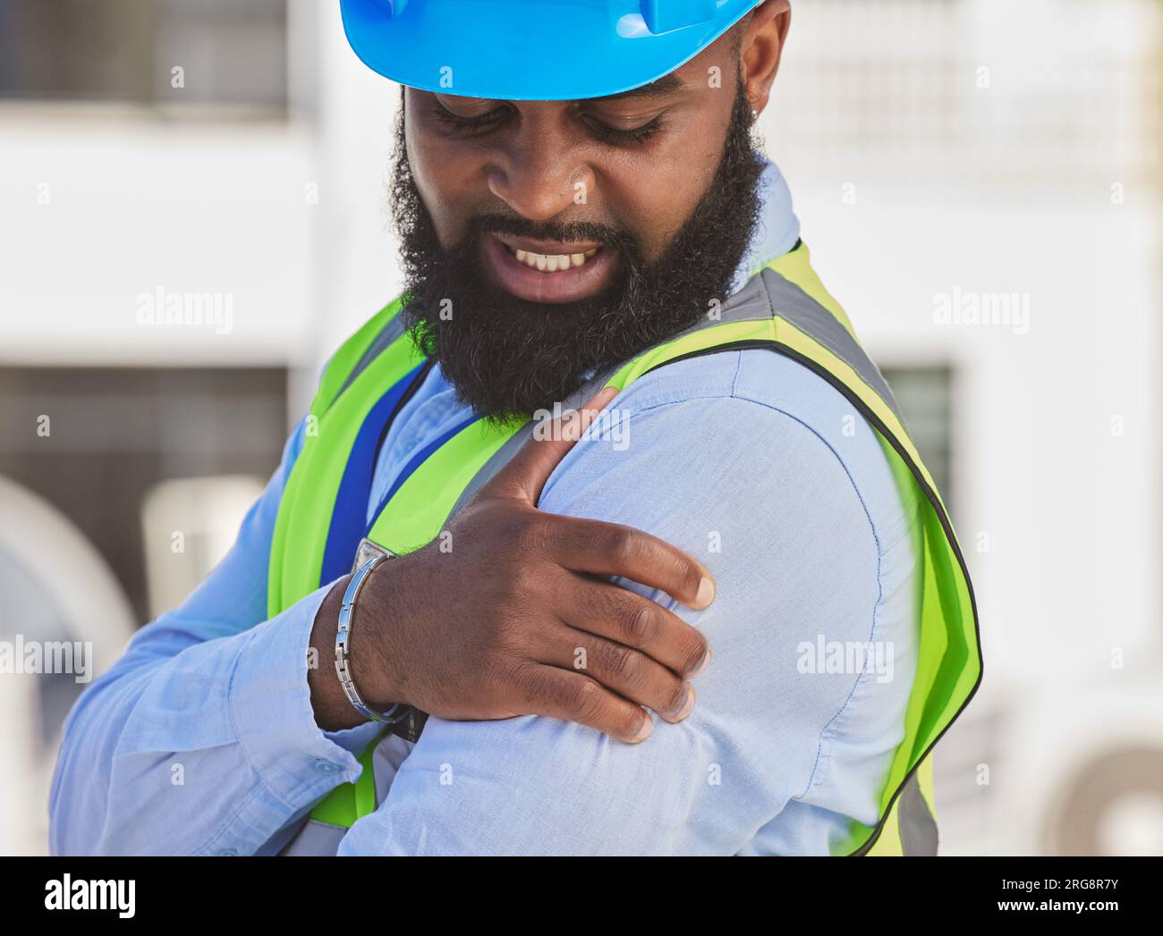Black man, engineer or hand on shoulder pain, injury accident or muscle ...