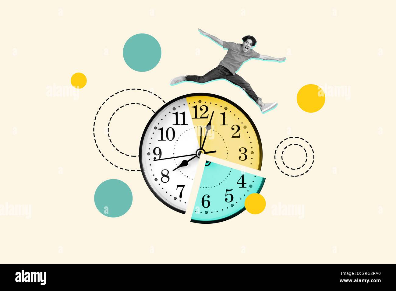 Collage portrait of mini black white effect overjoyed guy jumping above ...