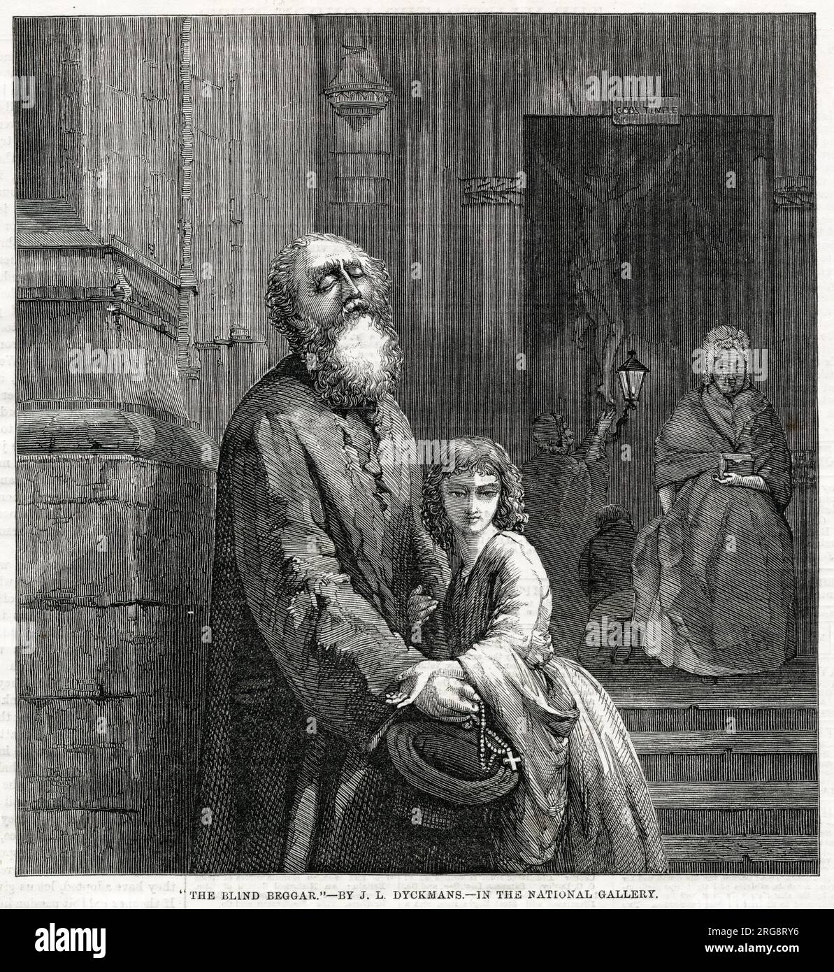 Blind beggar standing on the steps of a church, supported by his ...