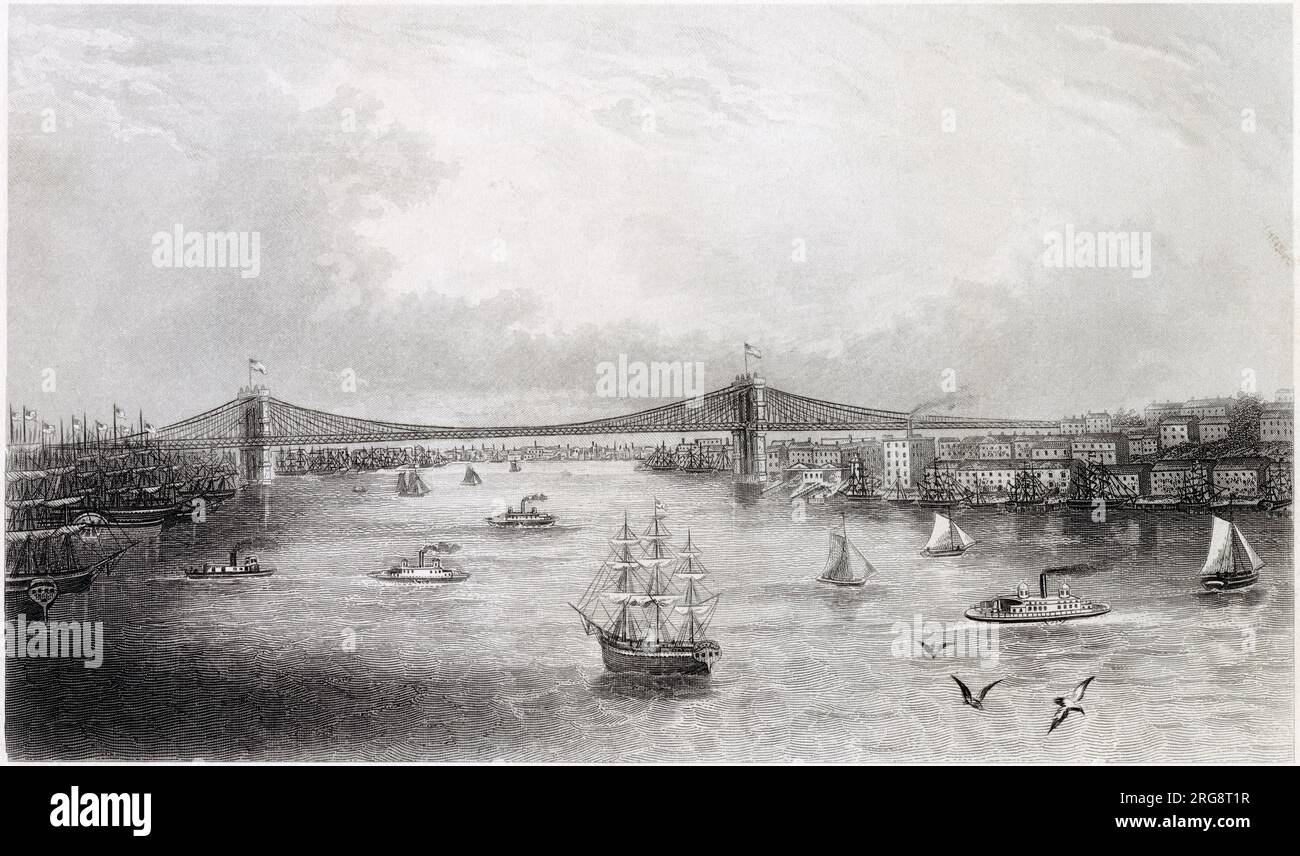 New York: view of the East River Bridge (Brooklyn Bridge). New York ...