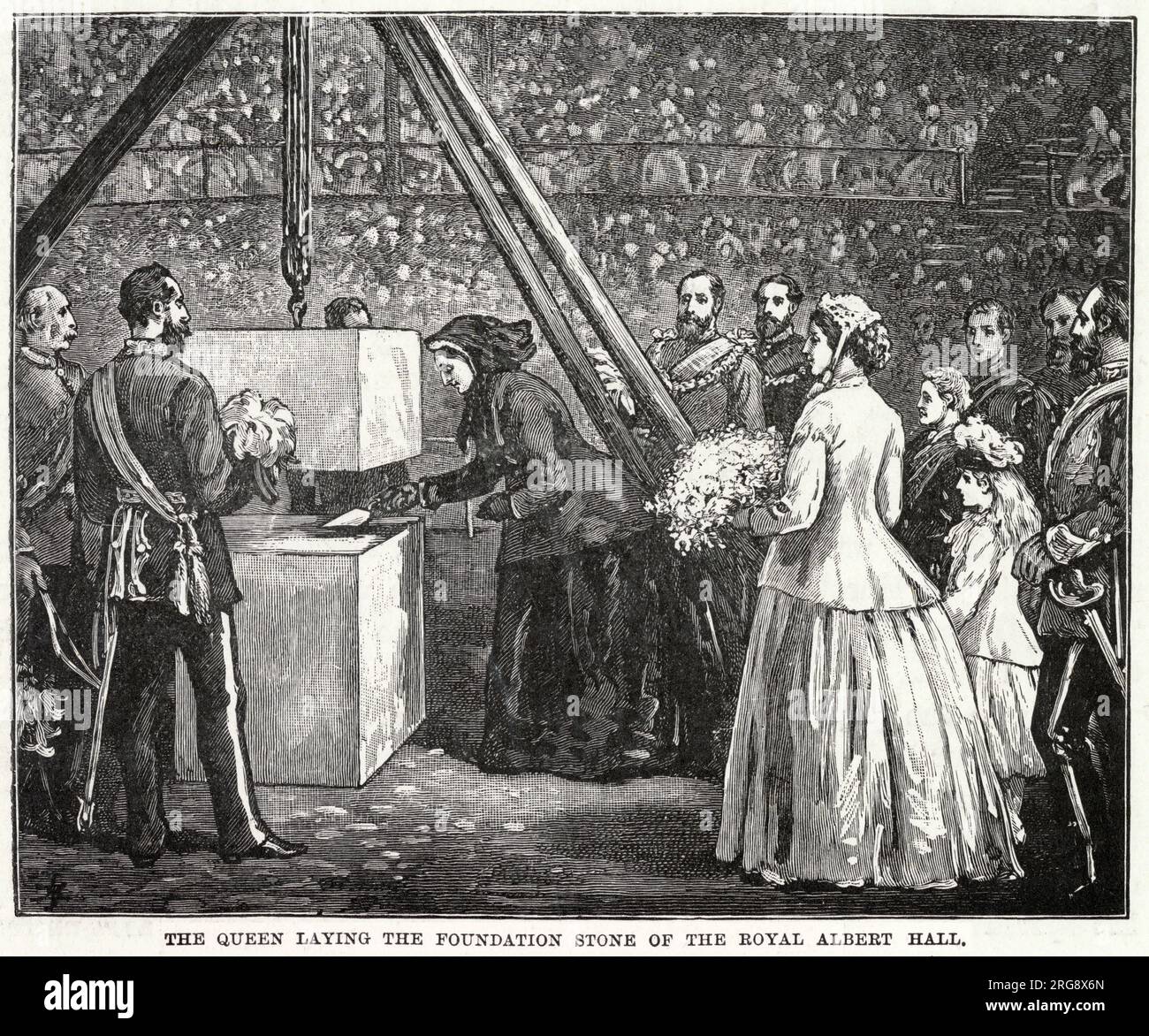 Queen Victoria laying the red Aberdeen granite foundation stone. Over ...