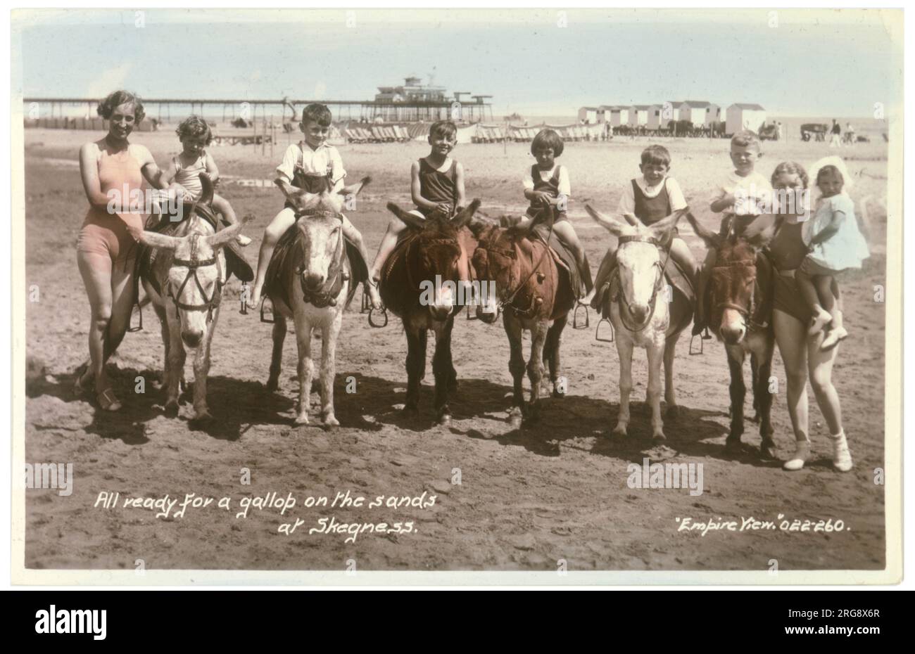 Skegness, Lincolnshire: six children on donkeys, ready for a gallop on ...