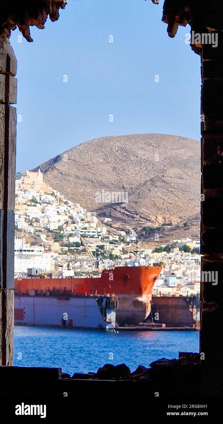 Onex Neorion shipyard seen from the ruins of the Lazareta, Ermopouli ...