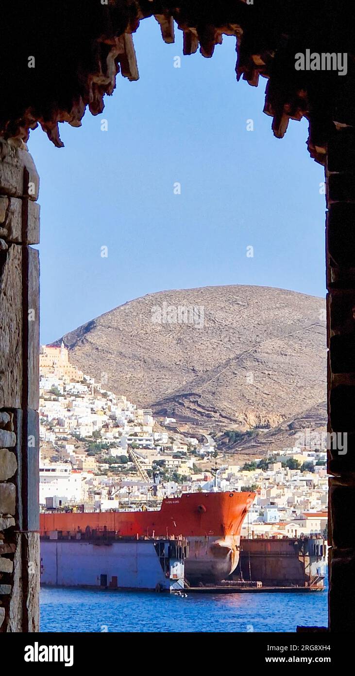 Onex Neorion shipyard seen from the ruins of the Lazareta, Ermopouli ...