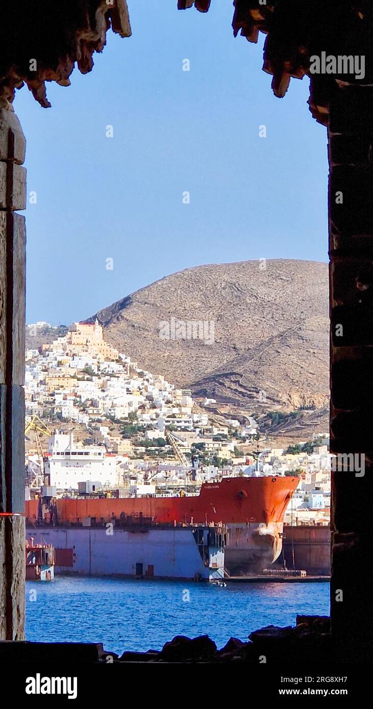 Onex Neorion shipyard seen from the ruins of the Lazareta, Ermopouli ...