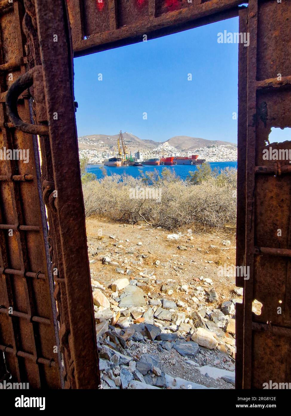 Onex Neorion shipyard seen from the ruins of the Lazareta, Ermopouli ...