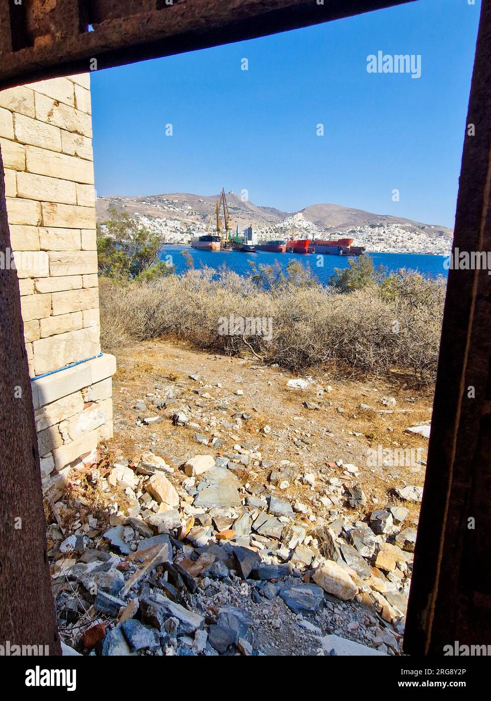 Onex Neorion shipyard seen from the ruins of the Lazareta, Ermopouli ...
