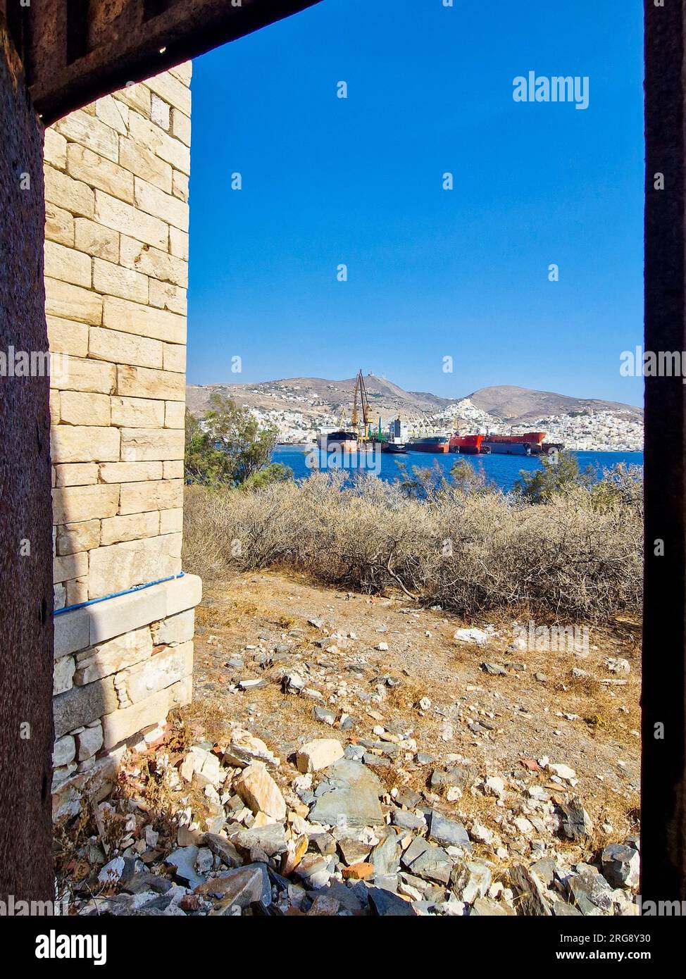 Onex Neorion shipyard seen from the ruins of the Lazareta, Ermopouli ...