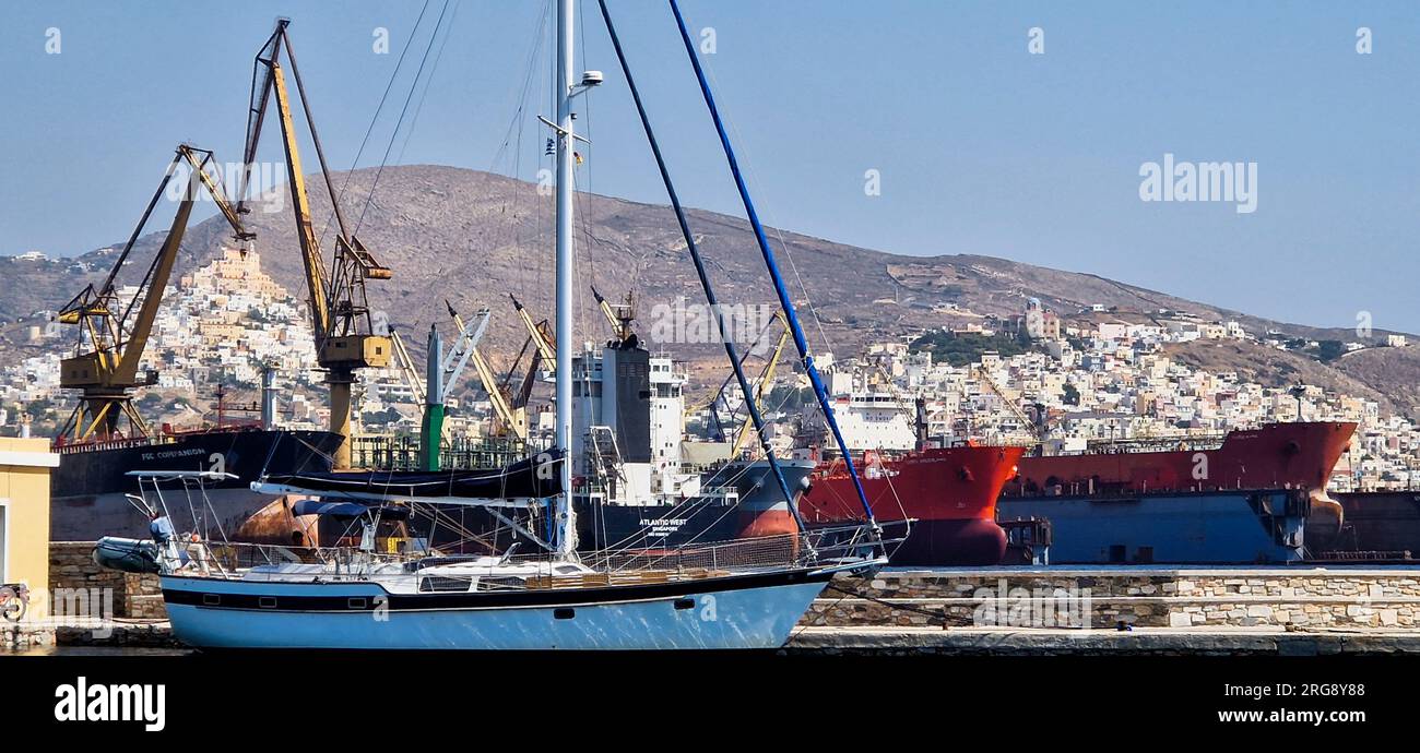 Harbor, Ermopouli, Syros island, Greece, Southern Europe Stock Photo ...