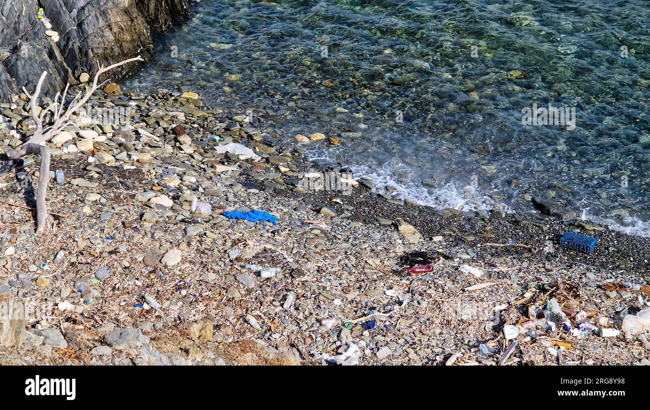 Polluted seaside, Ermopouli, Syros island, Greece, Southern Europe ...