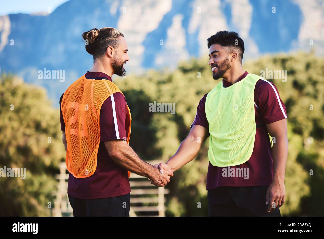 Handshake, rugby team and men in sports, exercise training or ...