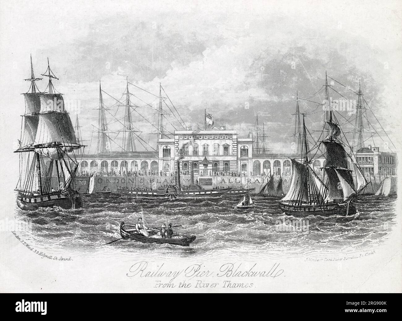 The Railway Pier, Blackwall, viewed from the Thames. A paddle steamer ...