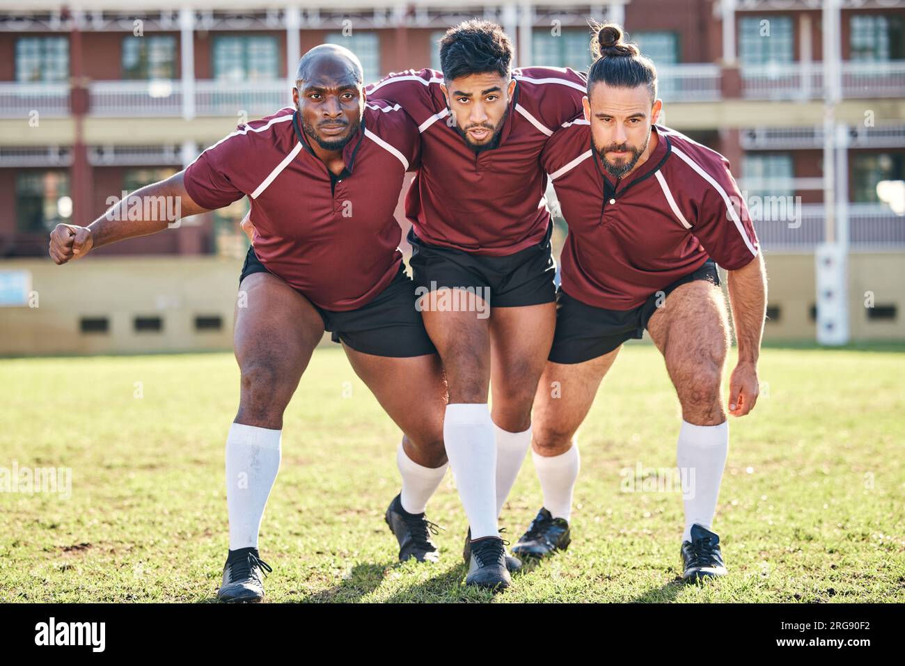 Portrait, fitness and a rugby team training together for a scrum in ...