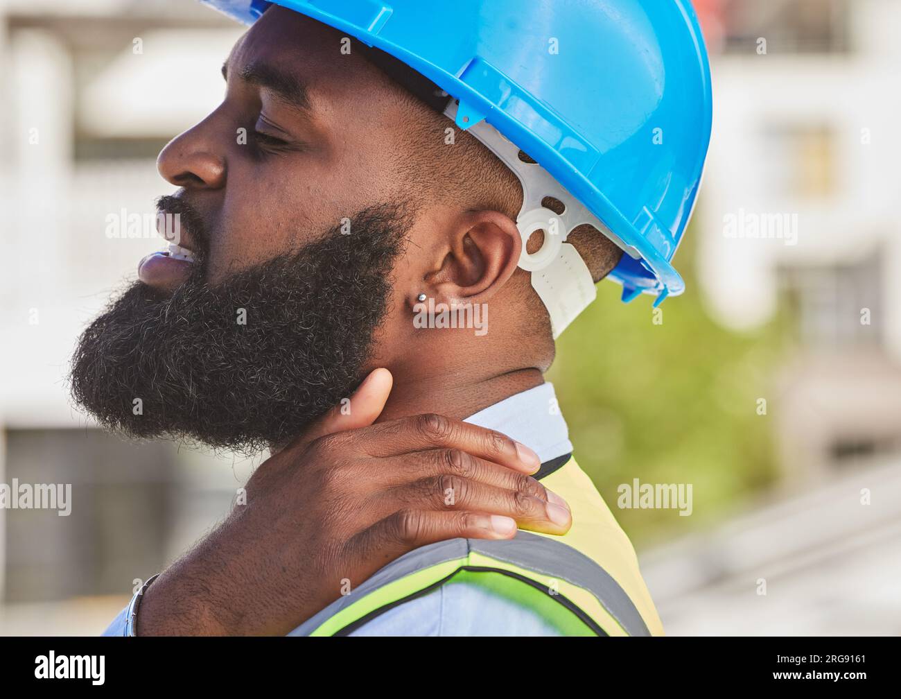 Black man, architect or hand on neck pain, injury accident or muscle ...
