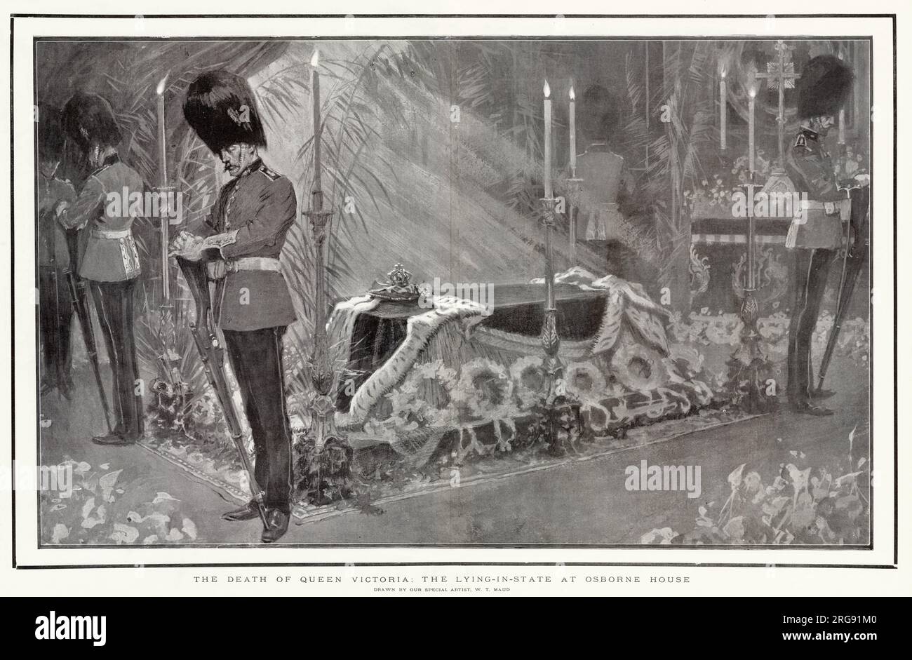 Queen Victoria's coffin draped with state robes, guarded by Ist ...