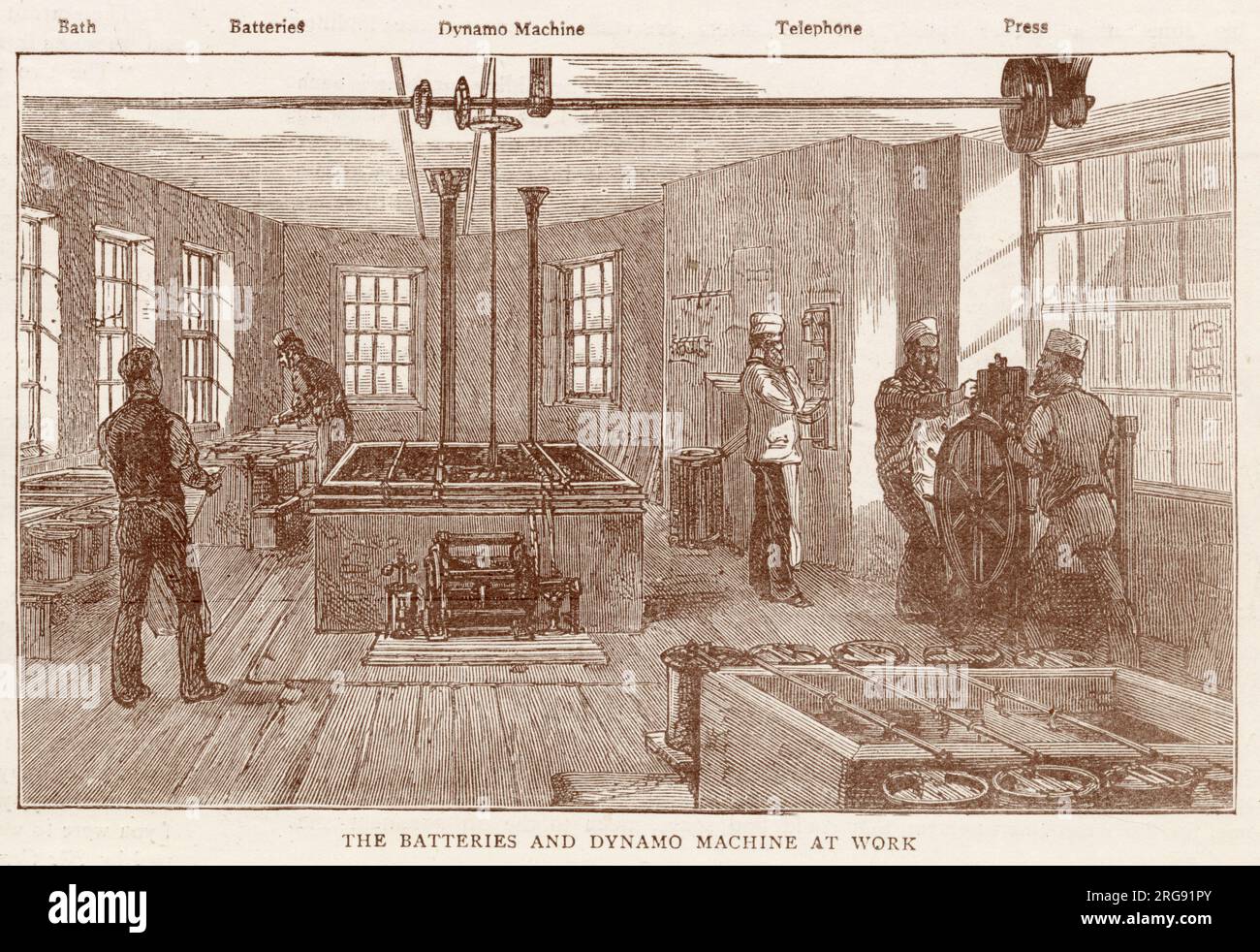 Men working in the batteries and dynamo machine room before going to ...