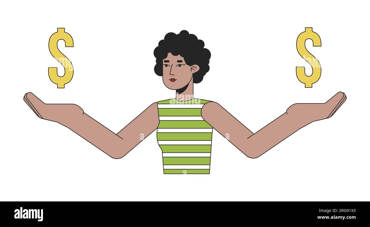 Cute woman holding dollar signs on hands flat line color vector ...