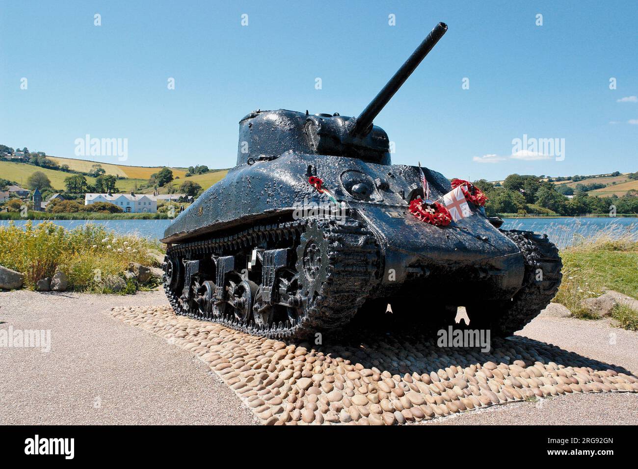 A Sherman amphibious tank at Slapton Sands, Torcross, Devon, serving as ...