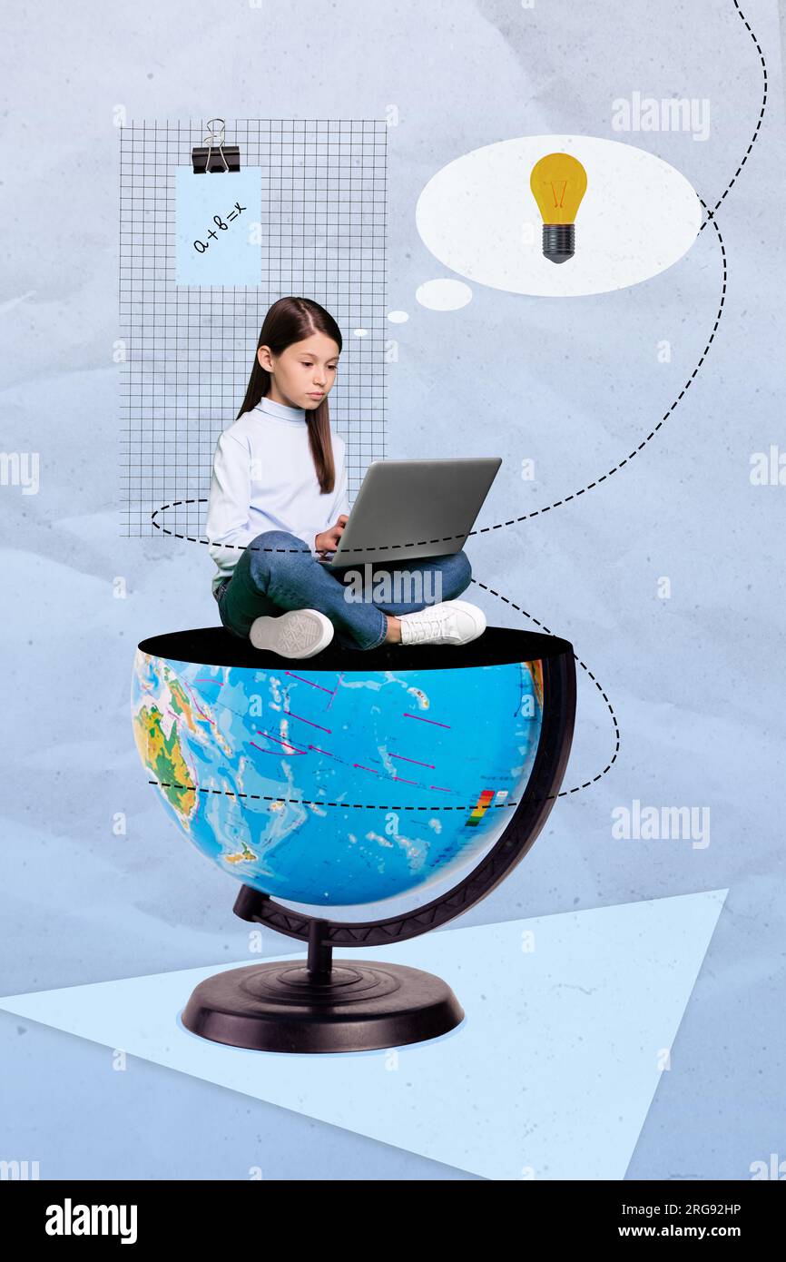 Collage composition of little cute schoolgirl studying exploring ...