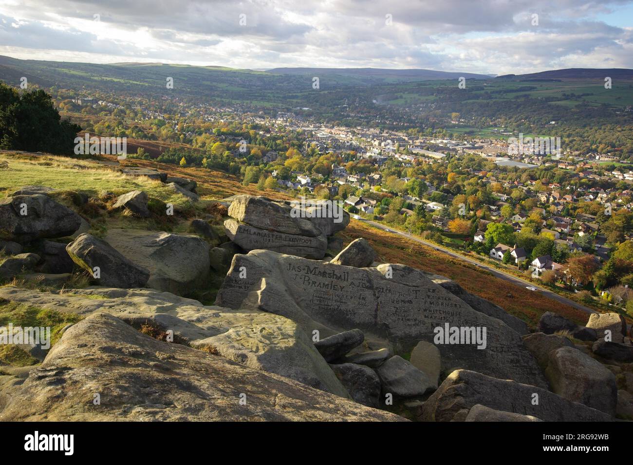 View of the town of Ilkley from the edge of Ilkley Moor in West ...