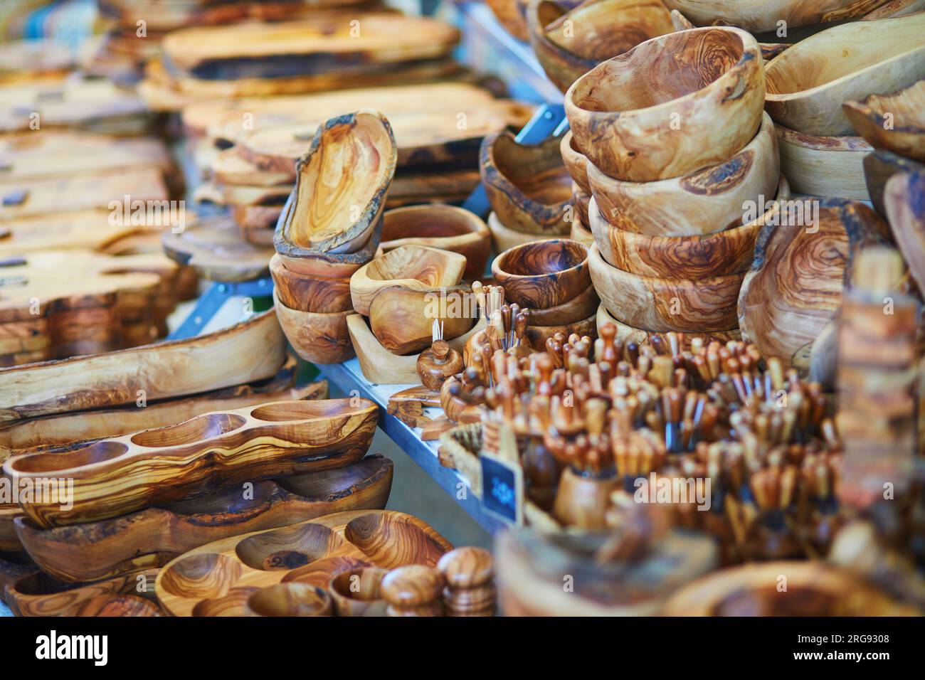 Various kinds of olive tree dishes on farmer market in Cucuron ...