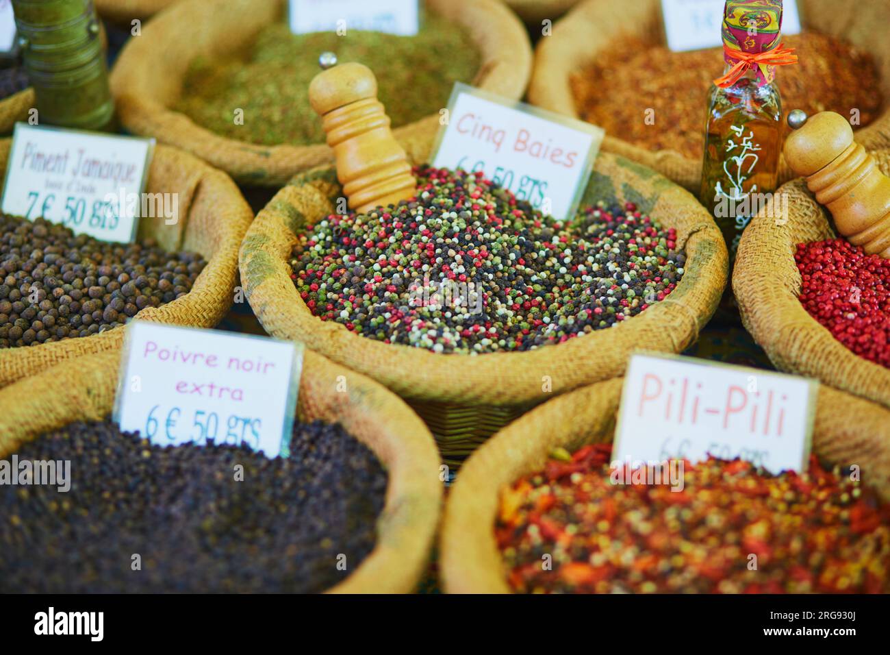 Different kinds of spices and dried herbs on a farmer market in Cucuron ...