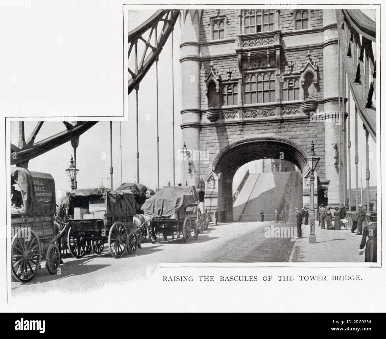 Tower Bridge opening its bascules to let tall ships go past Stock Photo ...
