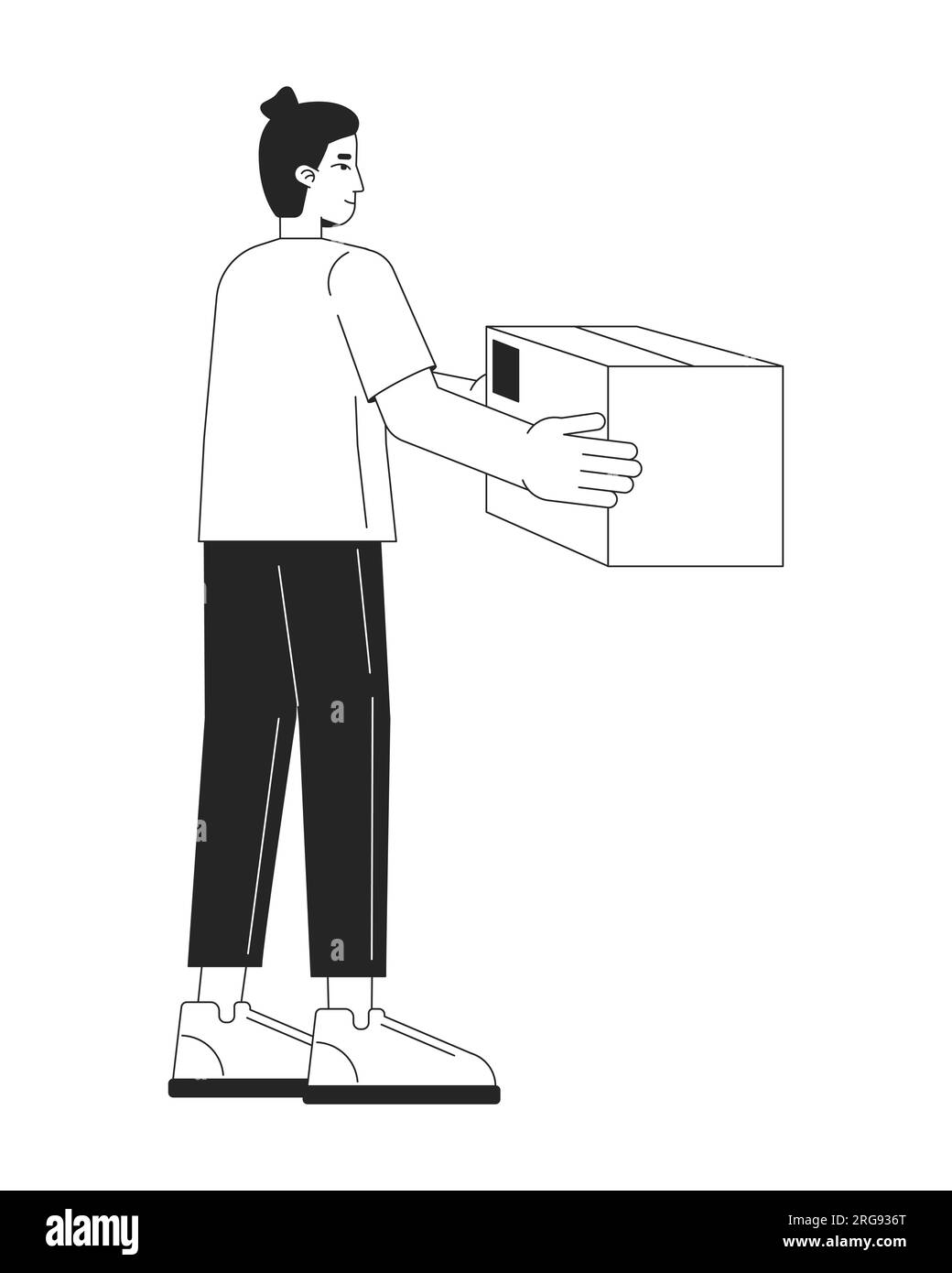 Caucasian man taking parcel flat line black white vector character ...