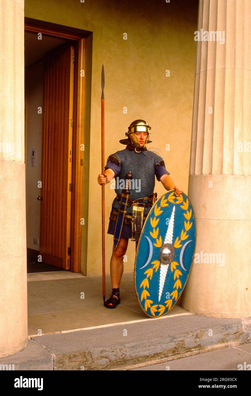 An actor dressed as a Roman soldier, member of the Ermine Street Guard ...
