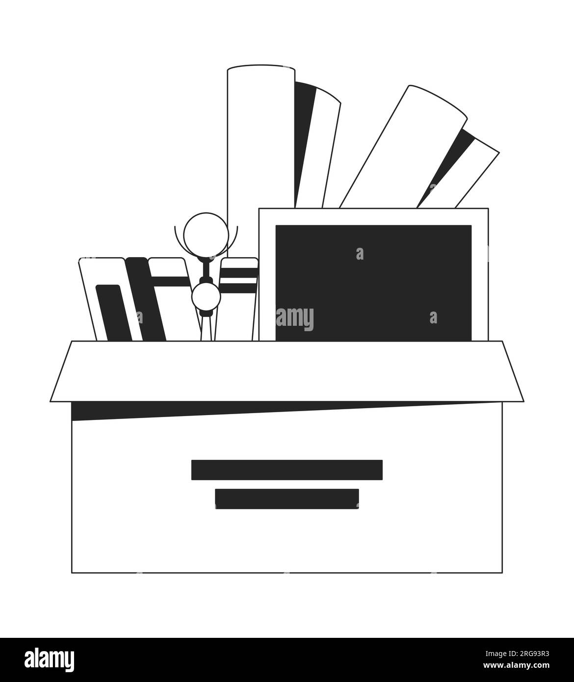 Square cardboard box with personal belongings flat monochrome isolated ...