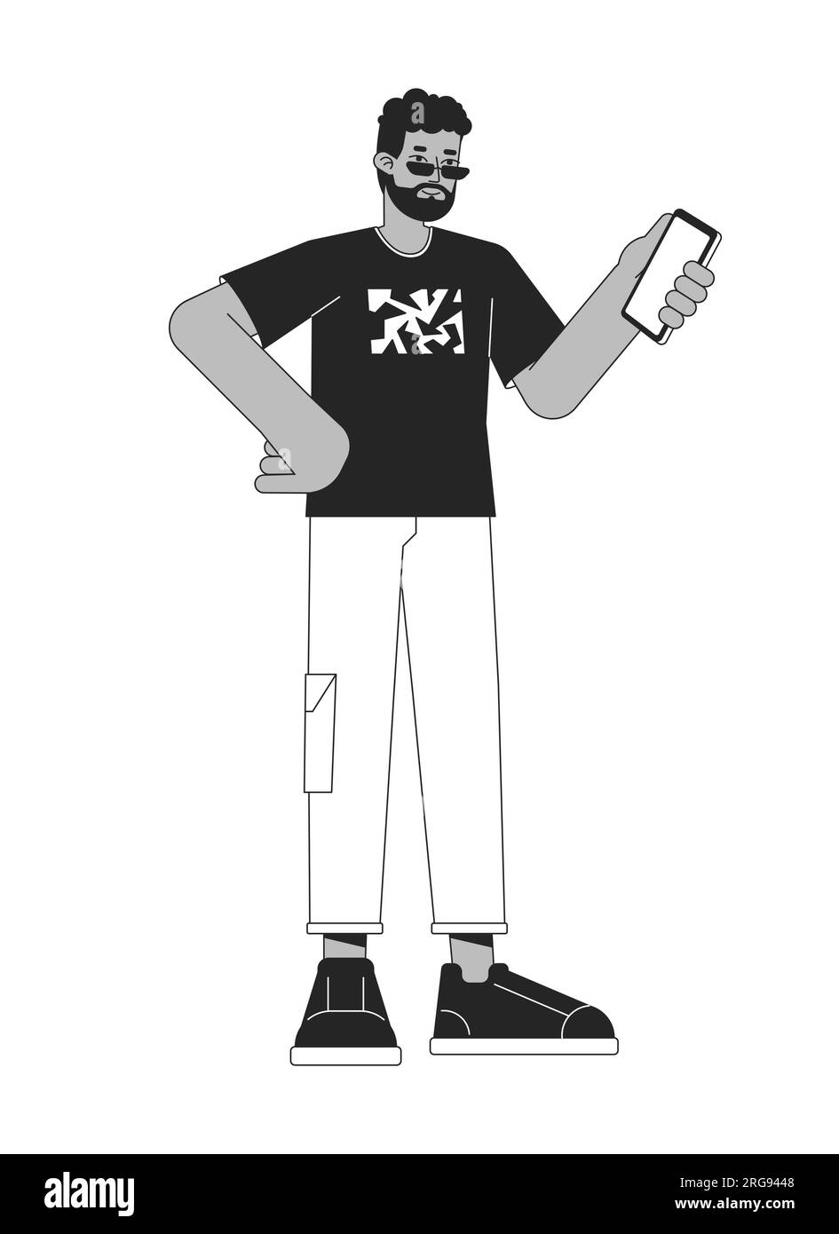 Handsome african american man with smartfone flat line black white ...