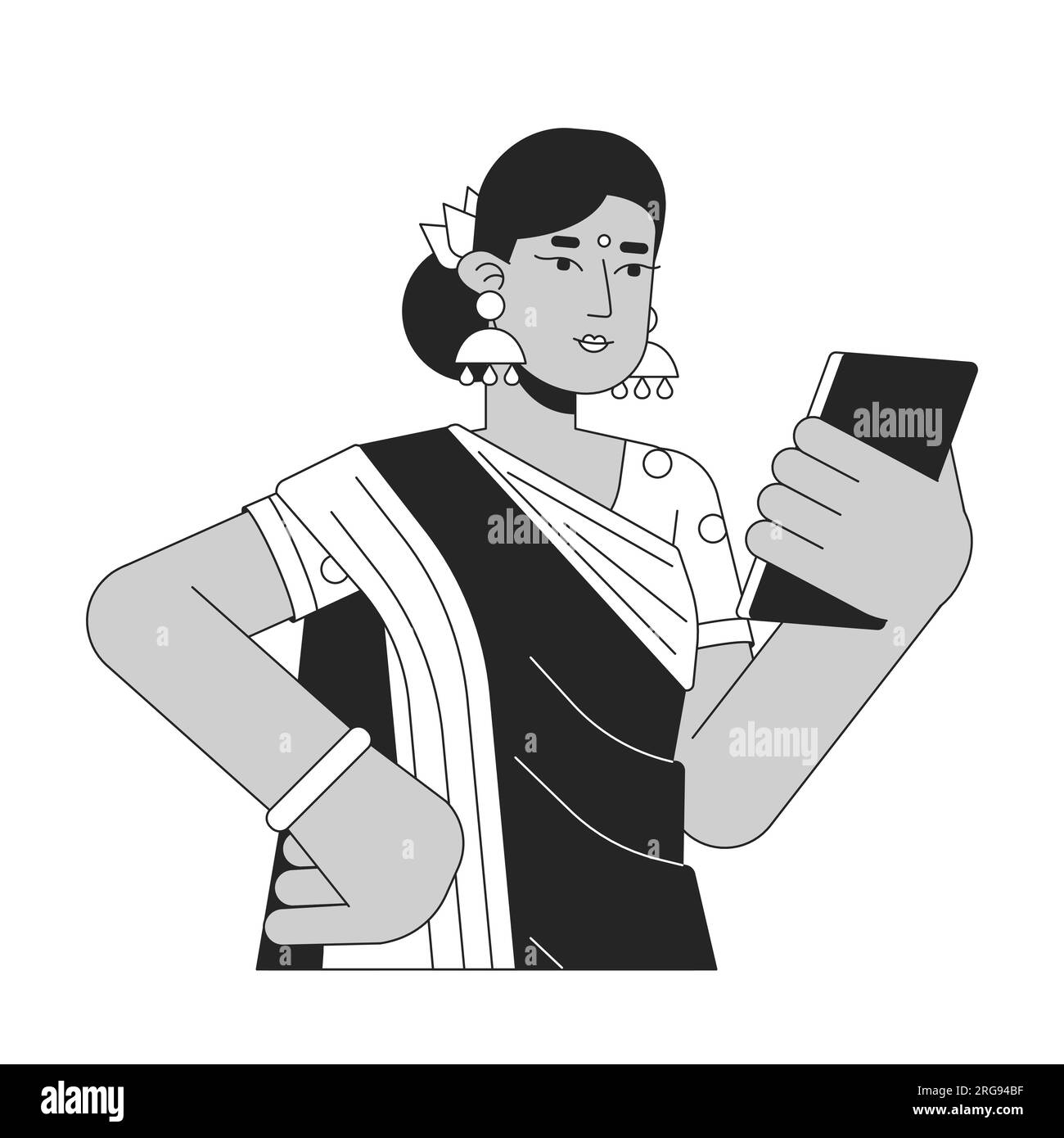Indian woman looking on smartphone flat line black white vector ...