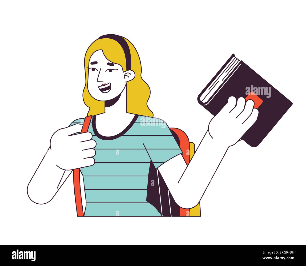 Bookworm college girl holding novel book flat line color vector ...